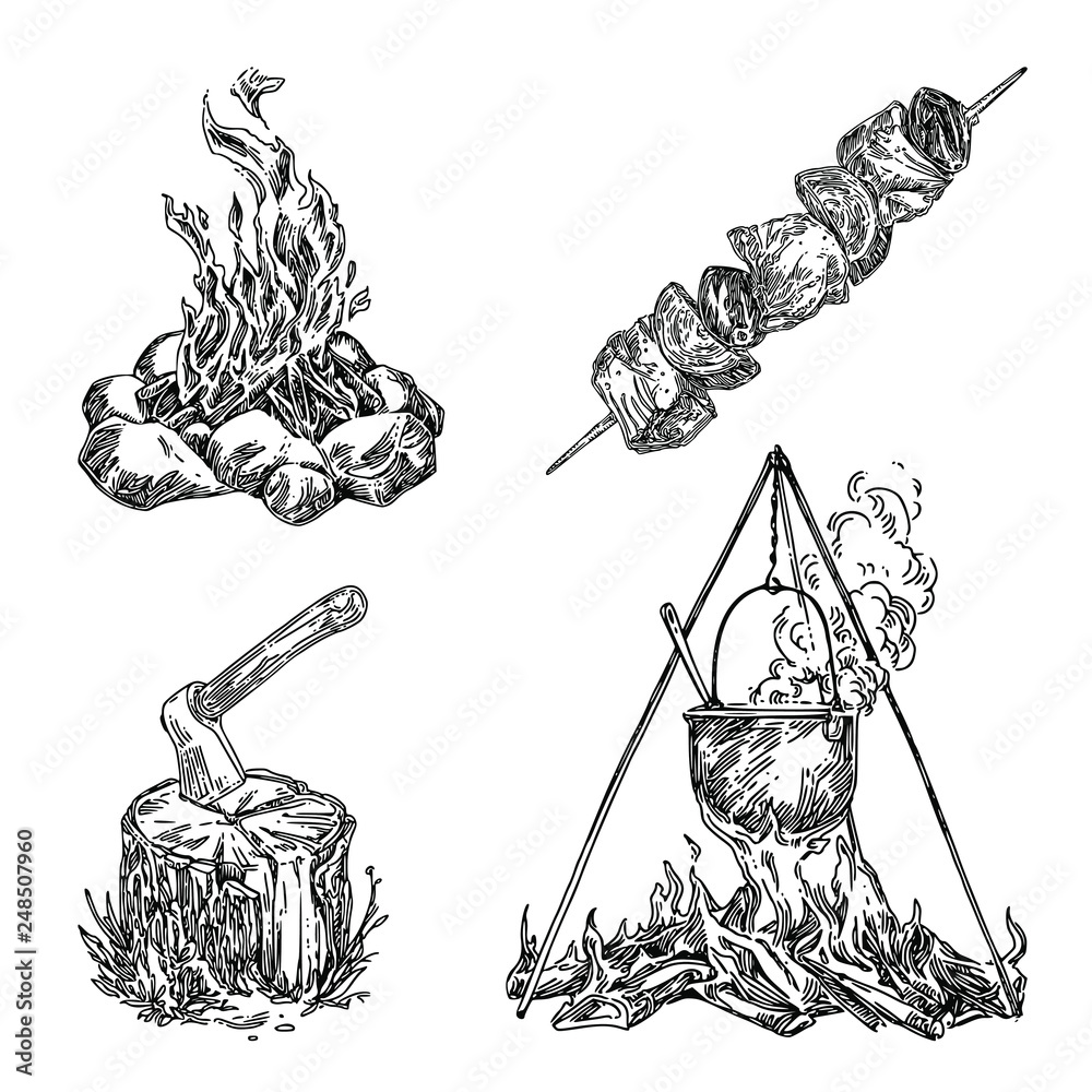 Camping set. Campfire, axe, skewer and hot food. Sketch. Engraving ...