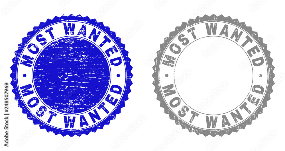 Grunge MOST WANTED stamp seals isolated on a white background. Rosette ...