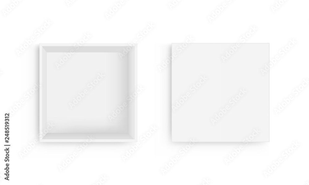 Empty square box with open lid isolated on white background view from ...