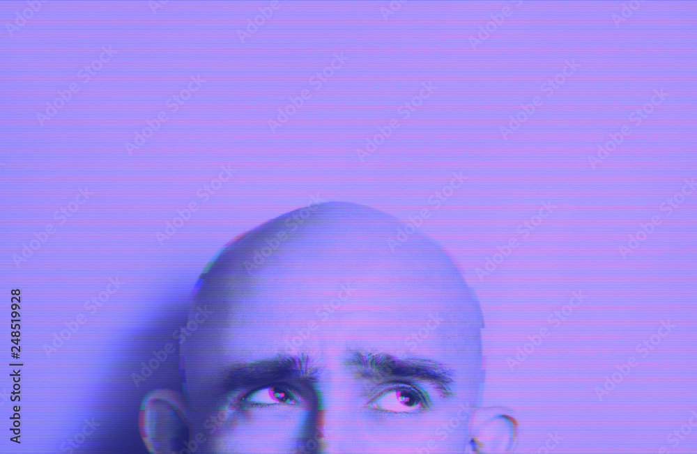 Neon glitch effect portrait of bald man. Retrowave concept. Stock Photo ...