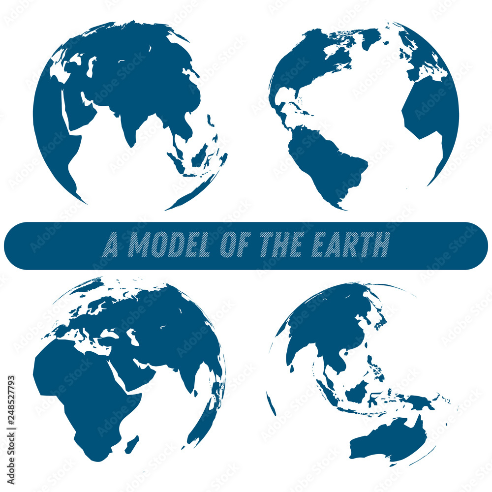 Earth model in four planes on white background, earth map sphere ...