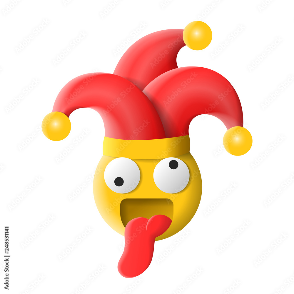 Jester toy smile emoji in joker hat realistic for joke april fool's day ...