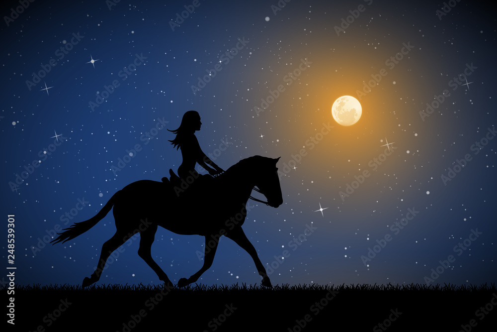 Girl on horse on moonlit night. Vector illustration with silhouette of ...