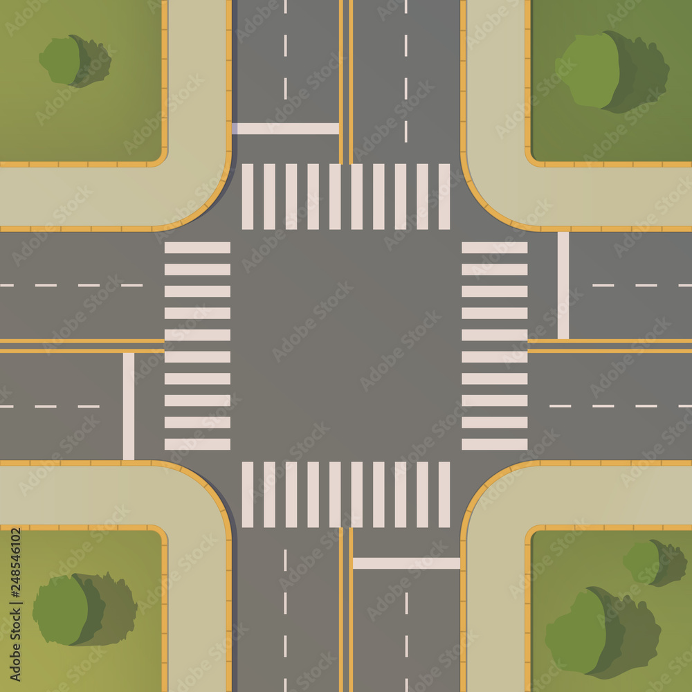 Crossroads of two roads with pedestrian paths, curbs and boards, road ...