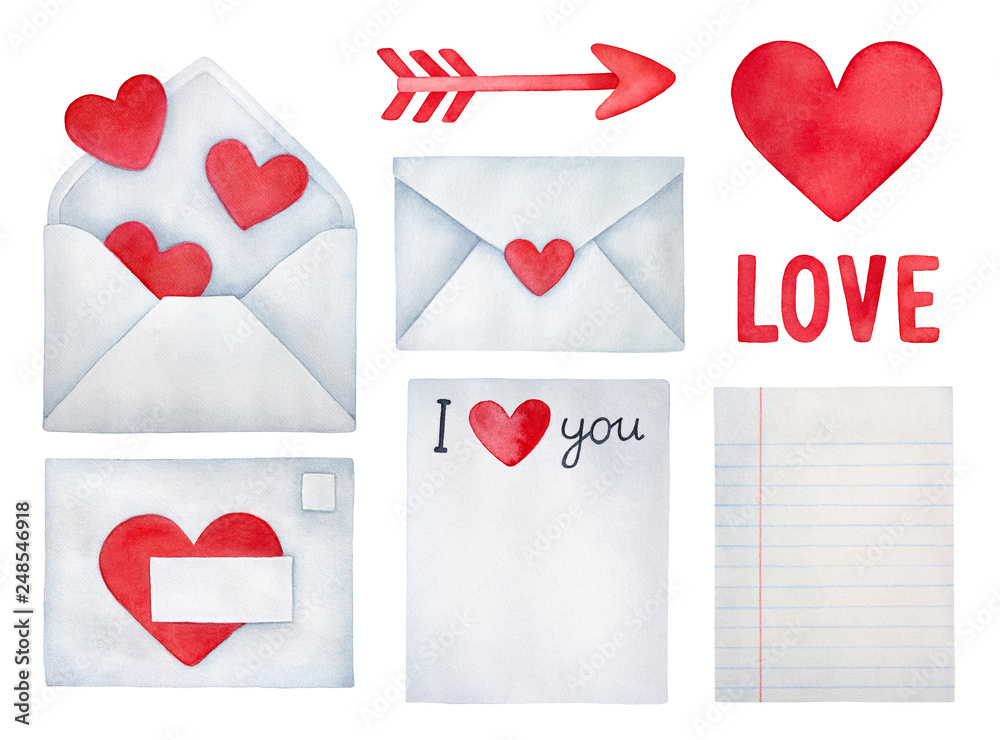 Set of love envelopes (opened and closed), "I love you" words, blank ...