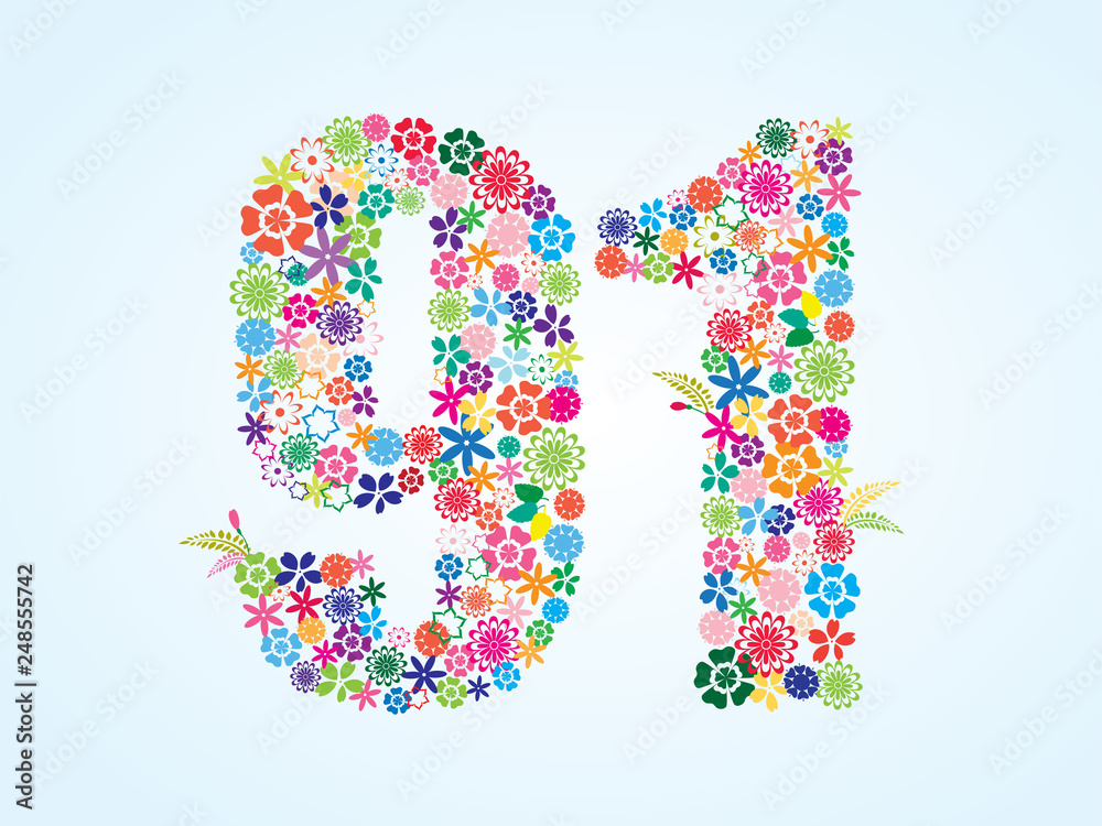 Vector Colorful Floral 91 Number Design isolated on white background ...
