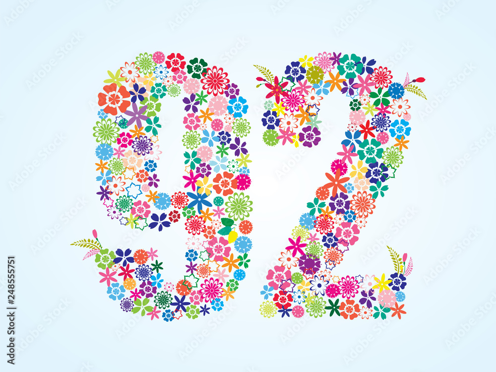 Vector Colorful Floral 92 Number Design isolated on white background ...