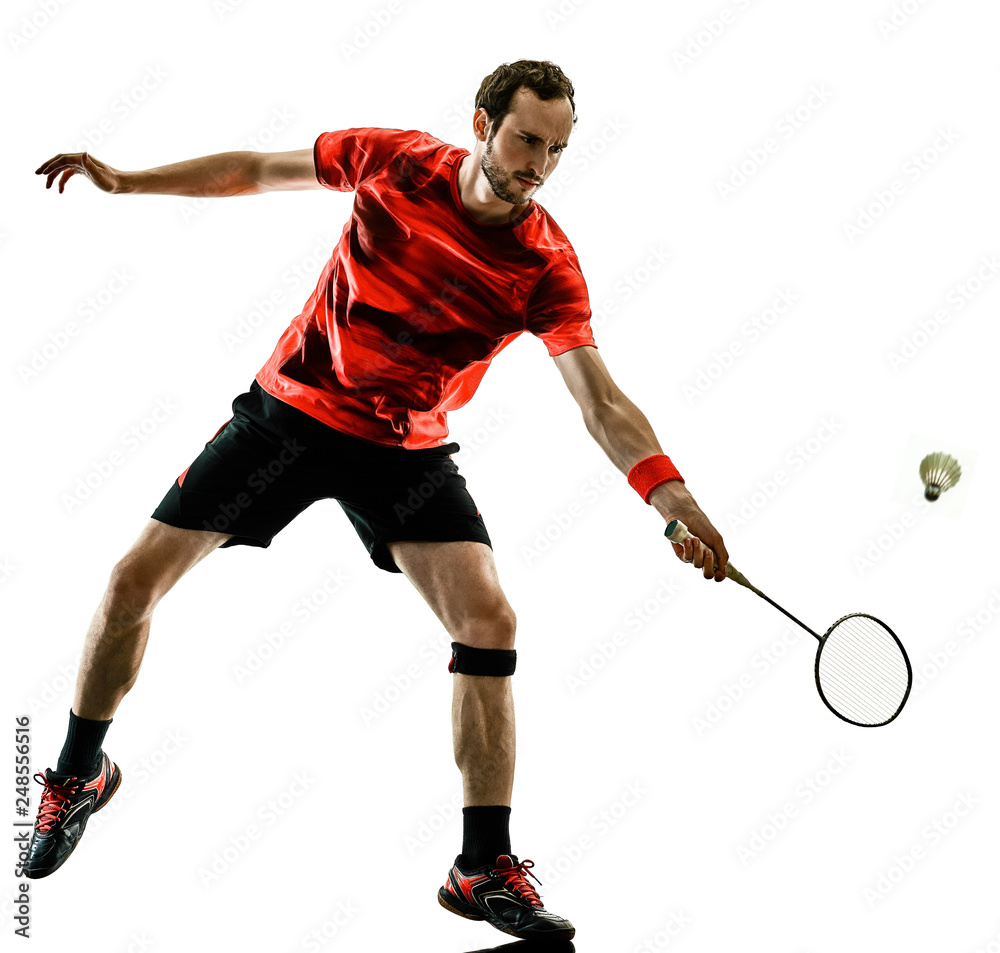 one caucasian Badminton player man in studio shadow silhouette isolated ...