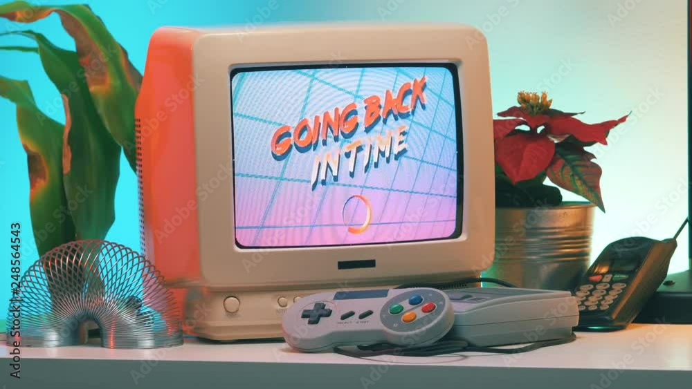 GOING BACK IN TIME title on Old Computer - TV Screen while the camera ...