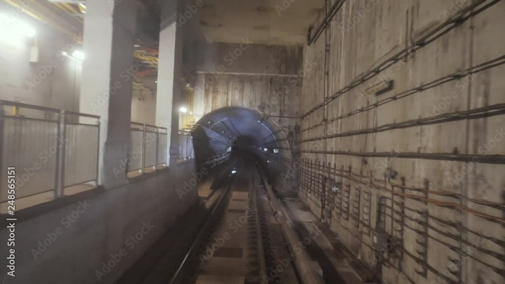 Subway train running through the tunnel. Train traveling through the ...