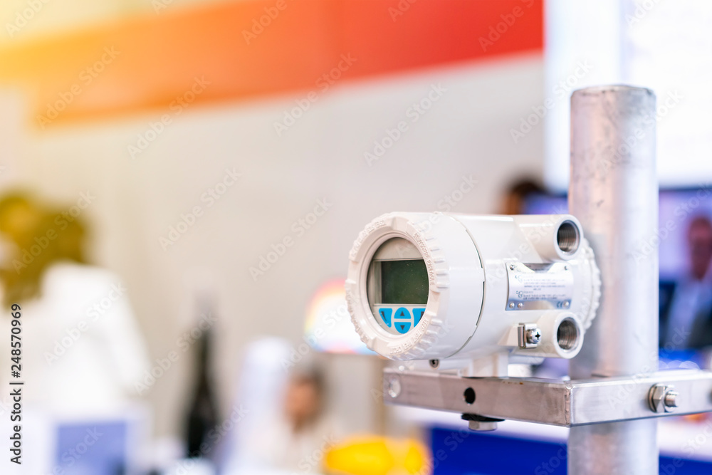 High accuracy and Modern flow transmitter set up on stand for measuring ...
