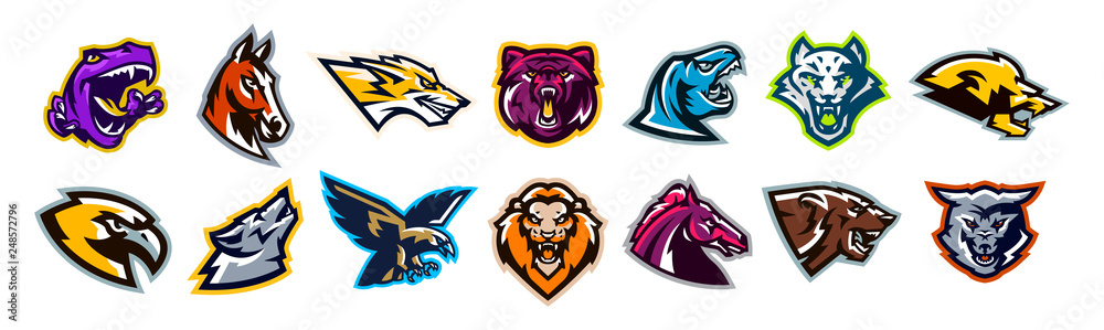 Set of animal logos. Bear, dinosaur, eagle, leopard, wolf, horse, fox ...