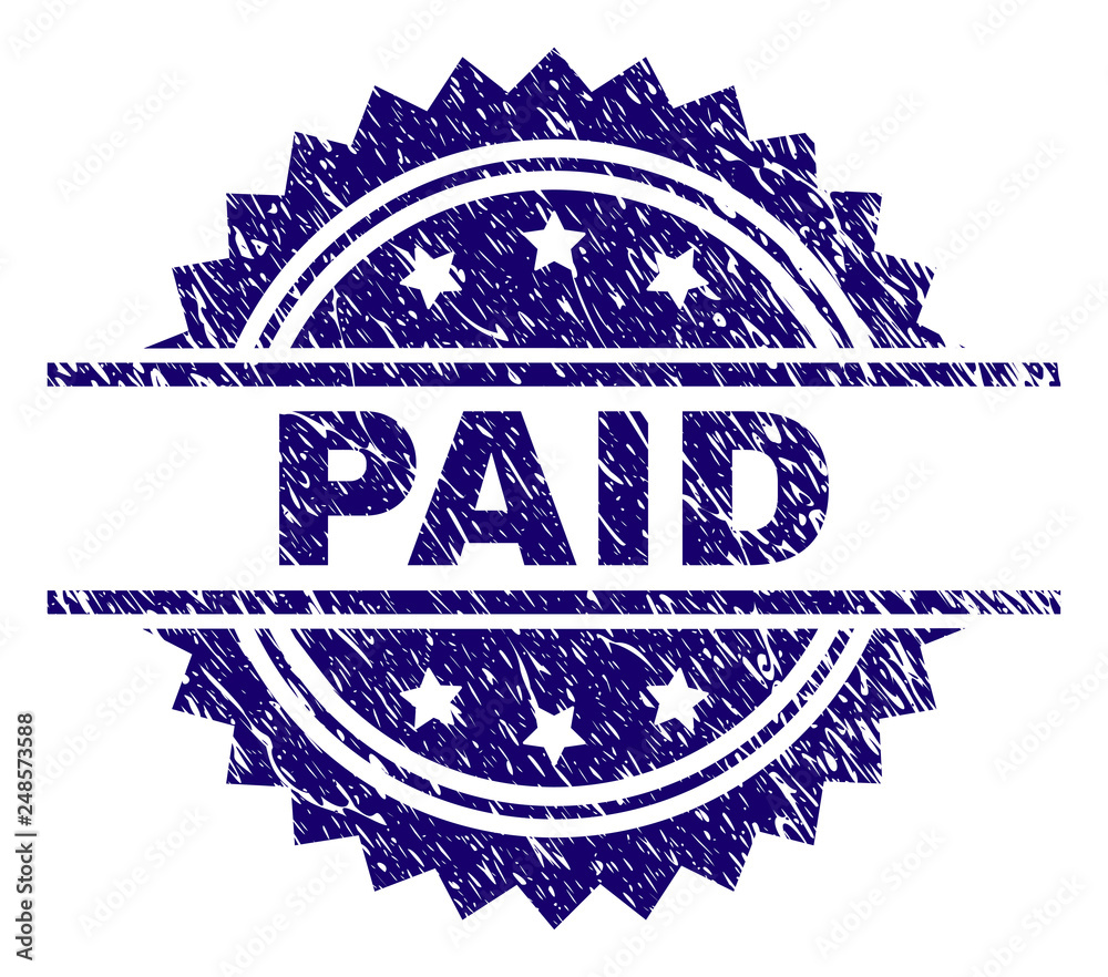PAID stamp seal watermark with distress style. Blue vector rubber print ...