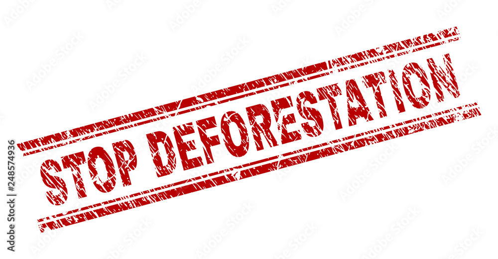 STOP DEFORESTATION seal imprint with distress style. Red vector rubber ...