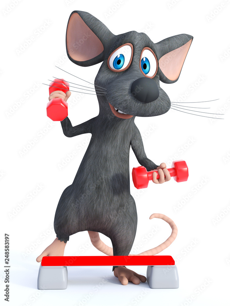 3D rendering of a cartoon mouse doing a workout with dumbbells. Stock ...