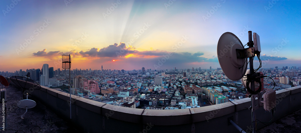 5G technology background and internet of things, modern city skyline ...