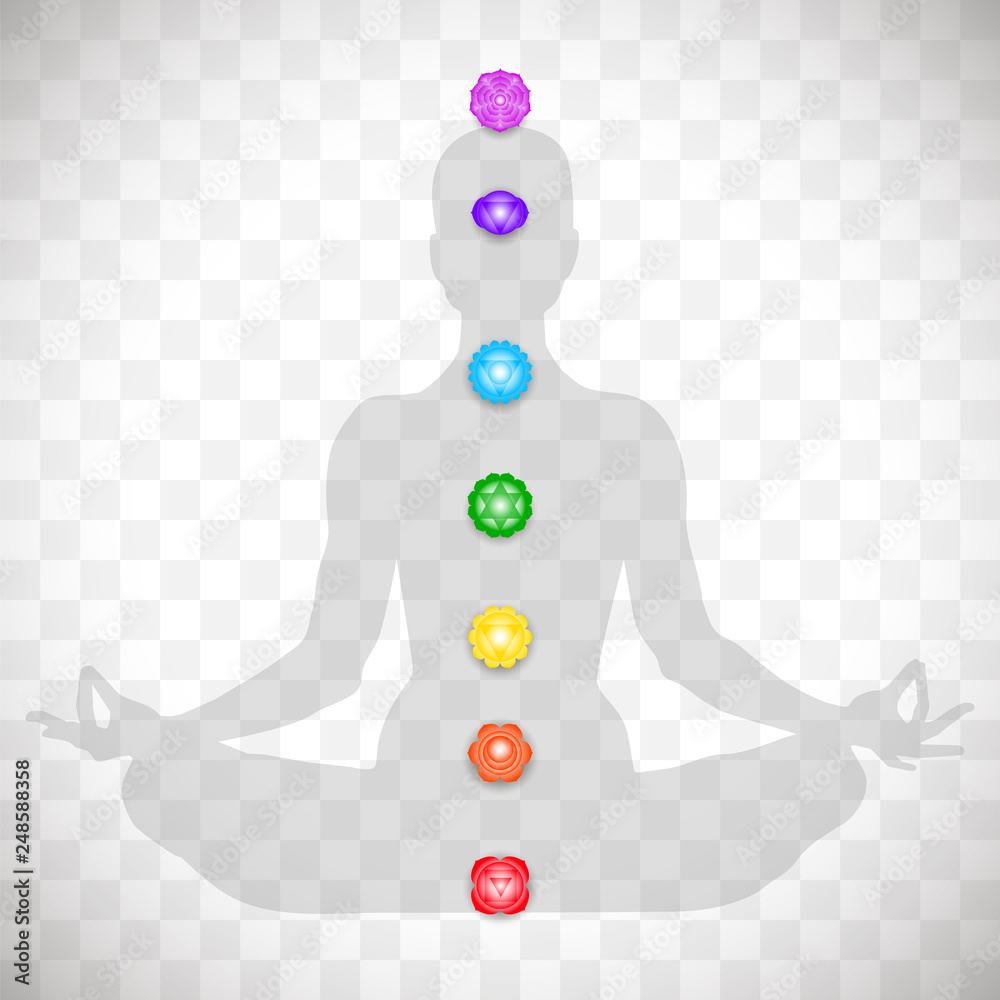 Human body in yoga lotus asana and seven colorful chakras symbols ...