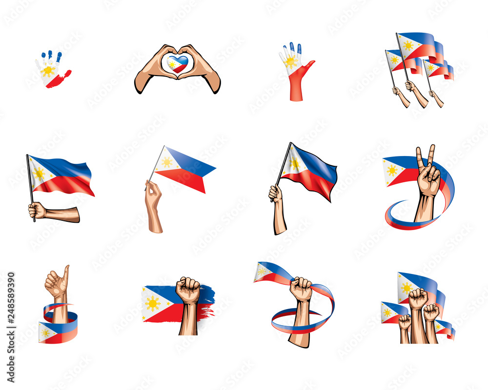 Philippines flag and hand on white background. Vector illustration ...