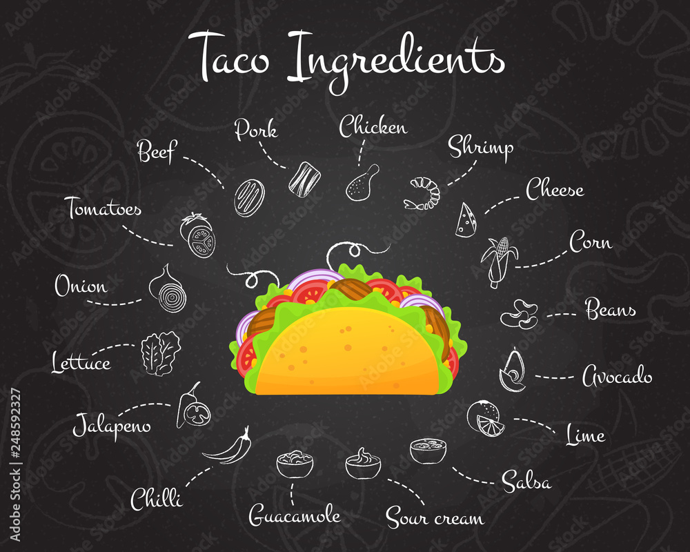 Mexican fastfood tacos menu recipe constructor vector illustration ...