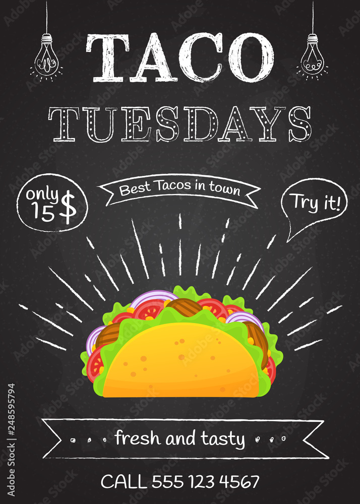 Traditional mexican fastfood taco tuesday poster. Tasty beef meat ...