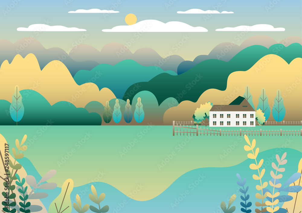 Rural valley Farm countryside. Village landscape with ranch in flat ...