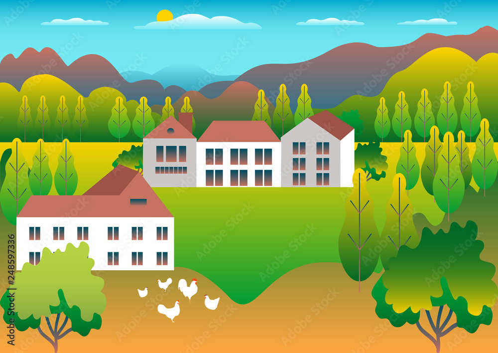 Rural valley Farm countryside. Village landscape with ranch in flat ...