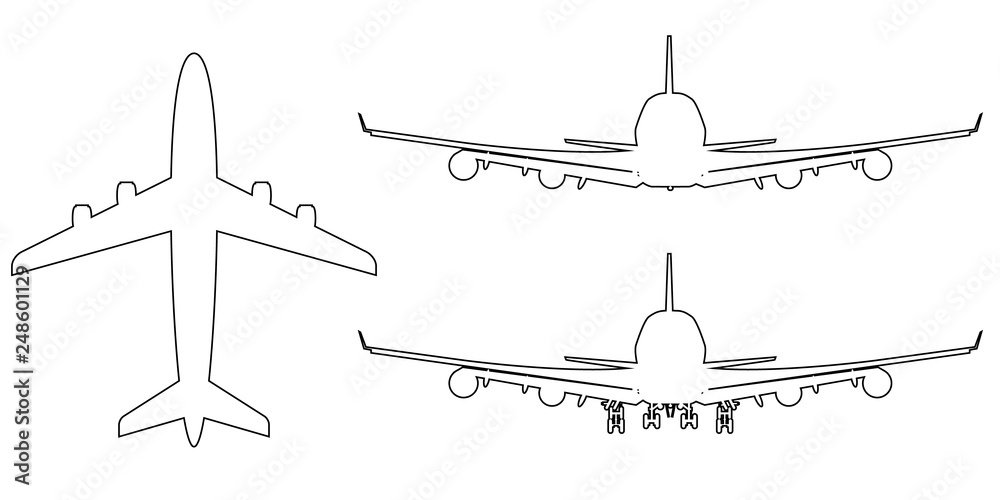 High-detailed Vector plane with line art style. Top, side, front and ...