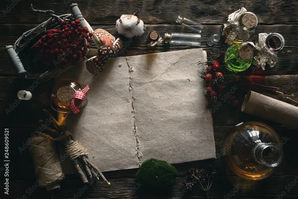 Ancient recipe scroll book and various dry herbs on a table of witch ...