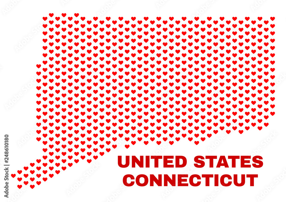 Mosaic Connecticut State map of heart hearts in red color isolated on a ...