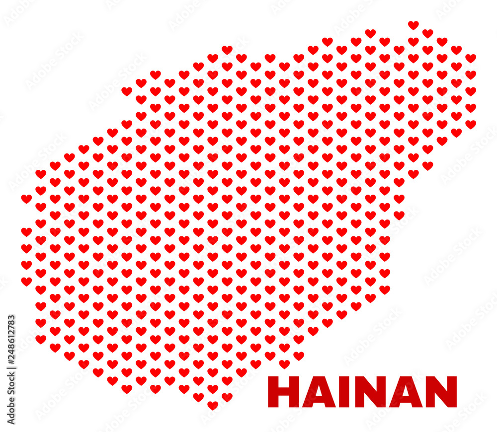 Mosaic Hainan map of valentine hearts in red color isolated on a white ...