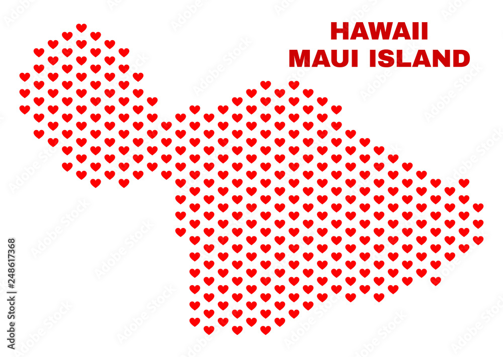 Mosaic Maui Island map of valentine hearts in red color isolated on a ...