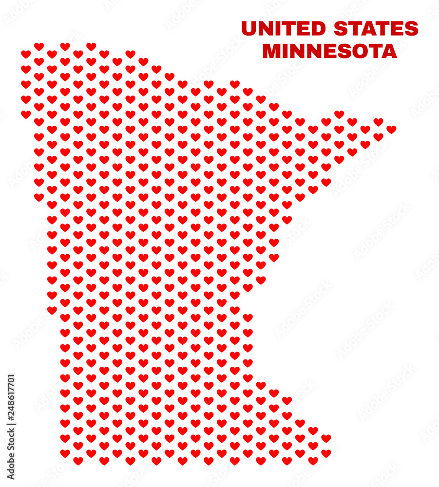 Mosaic Minnesota State map of valentine hearts in red color isolated on ...