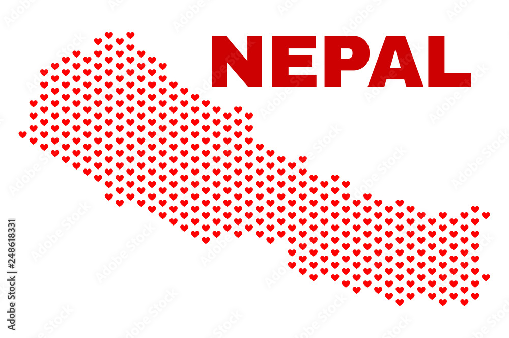 Mosaic Nepal map of valentine hearts in red color isolated on a white ...