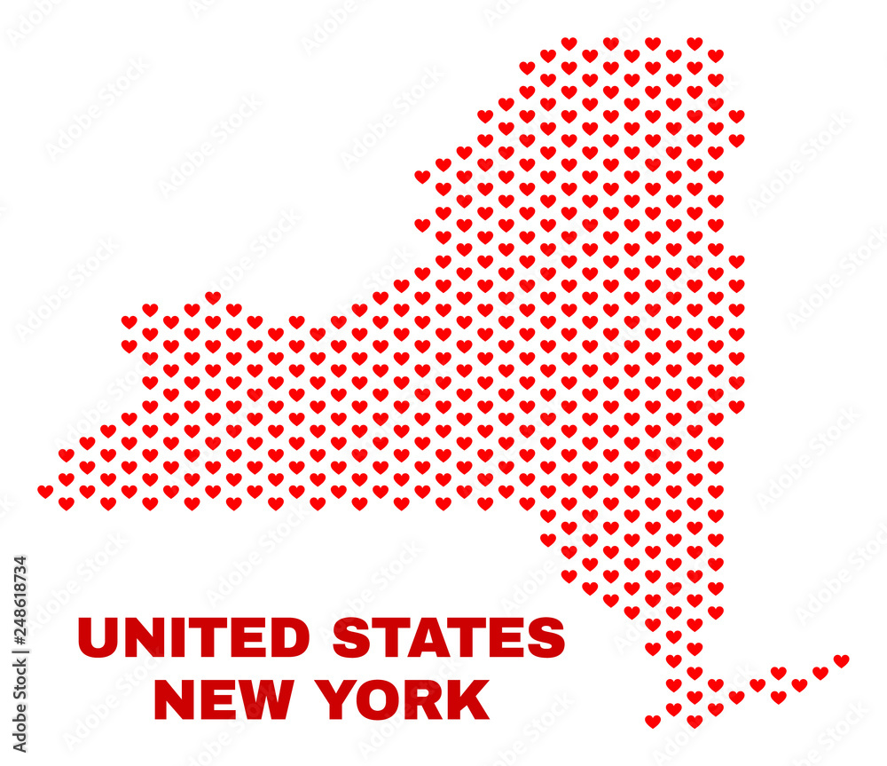 Mosaic New York State map of heart hearts in red color isolated on a ...