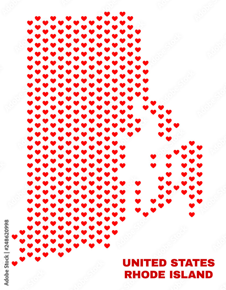 Mosaic Rhode Island State map of heart hearts in red color isolated on ...