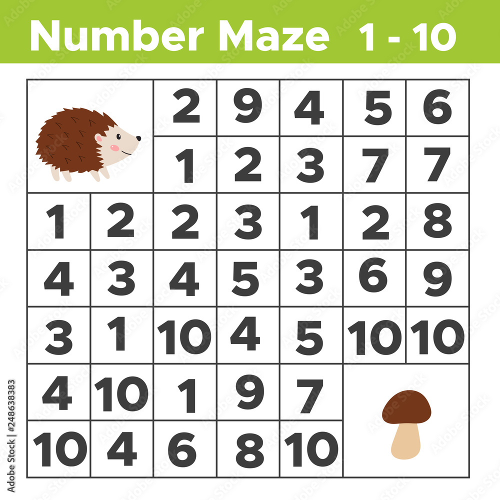 Number maze, math puzzle game for children. Help the hedgehog find a ...
