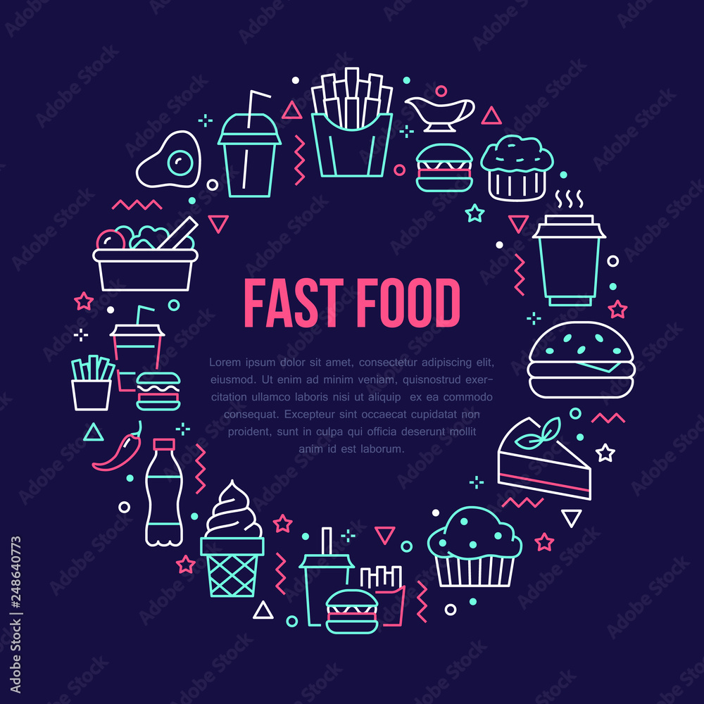 Fast food circle illustration with flat line icons. Thin vector signs ...