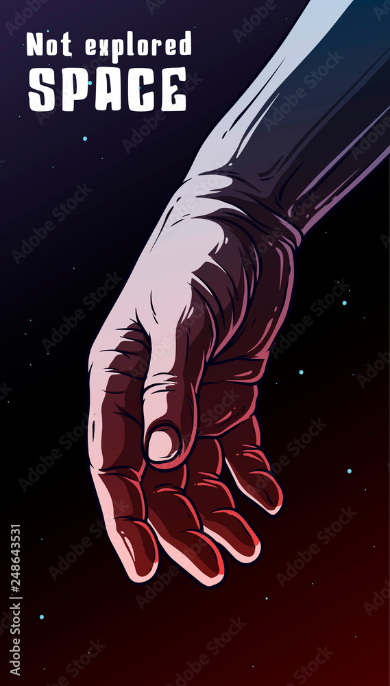 Cartoon graphic detailed human hand with text. On space background with ...