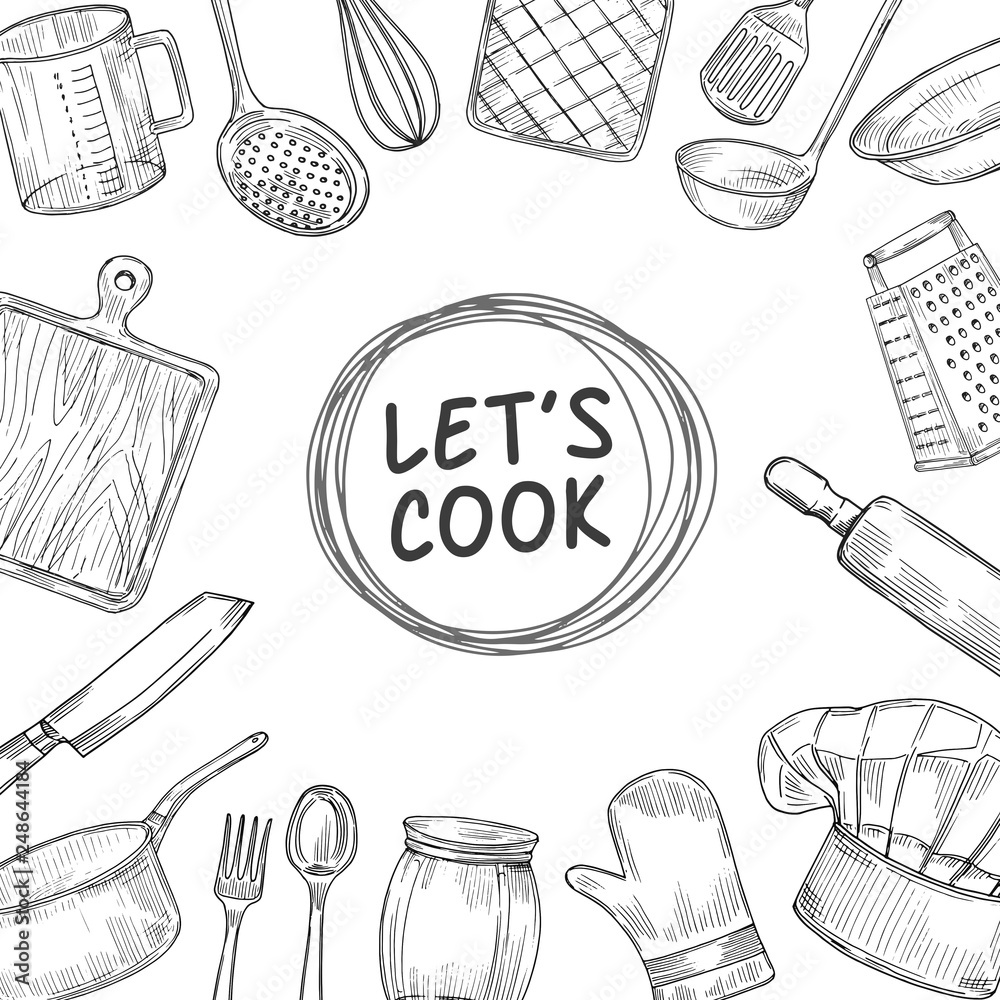 Lets cook. Cooking chef class sketch background. Culinary kitchen ...