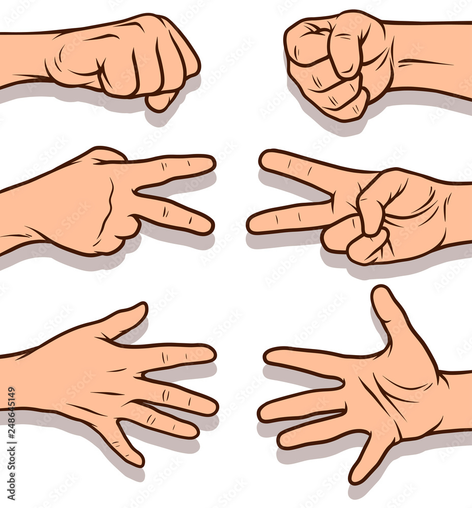 Cartoon graphic white human hands. Showing stone, scissors, paper game ...