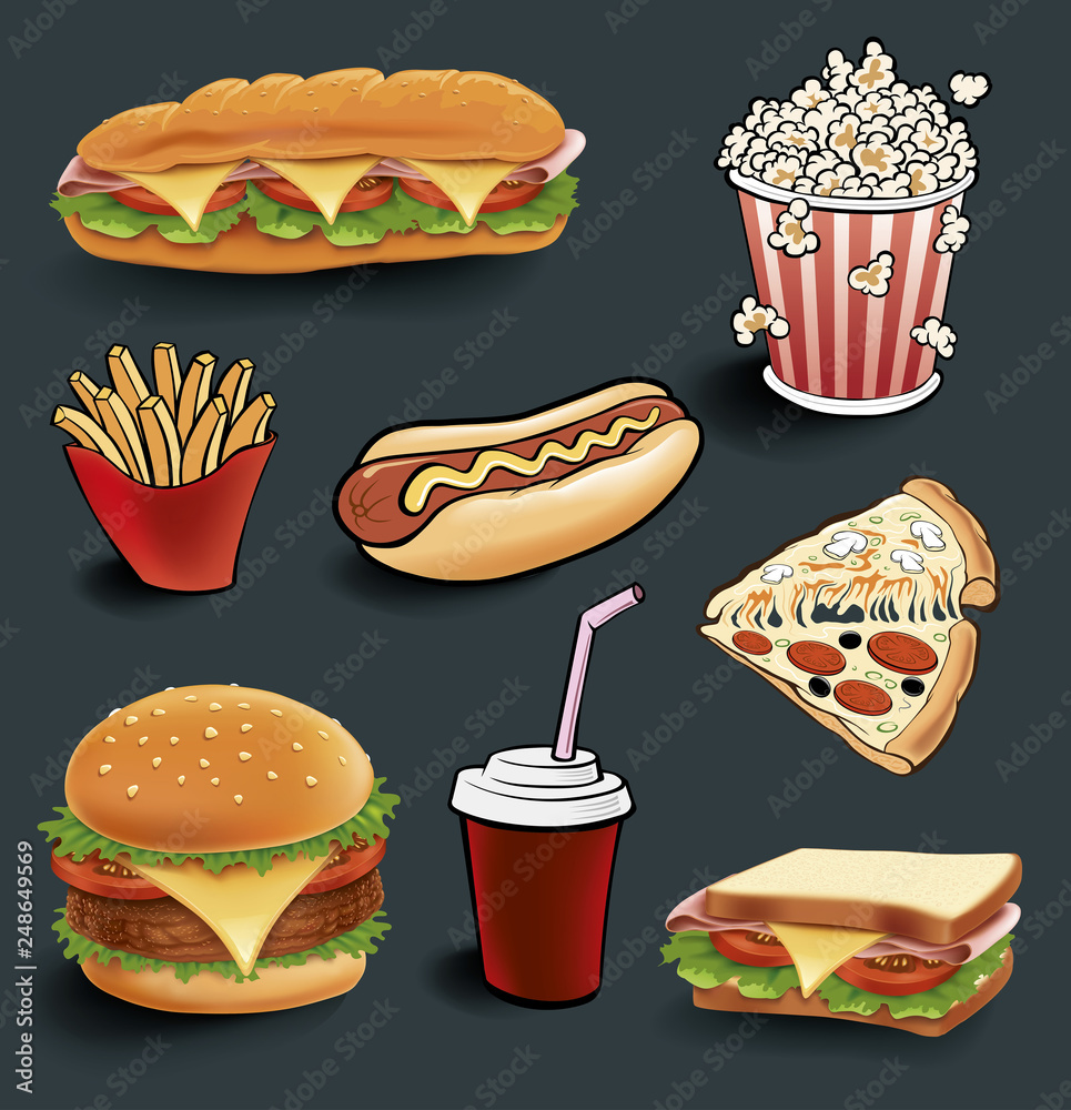 fast food items-hamburger, fries, hotdog, drink, popcorn, pizza ...