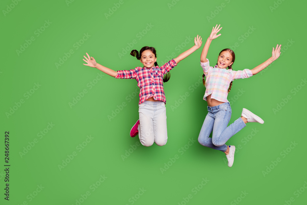 Full length body size photo two little age she her girls hand arm up ...