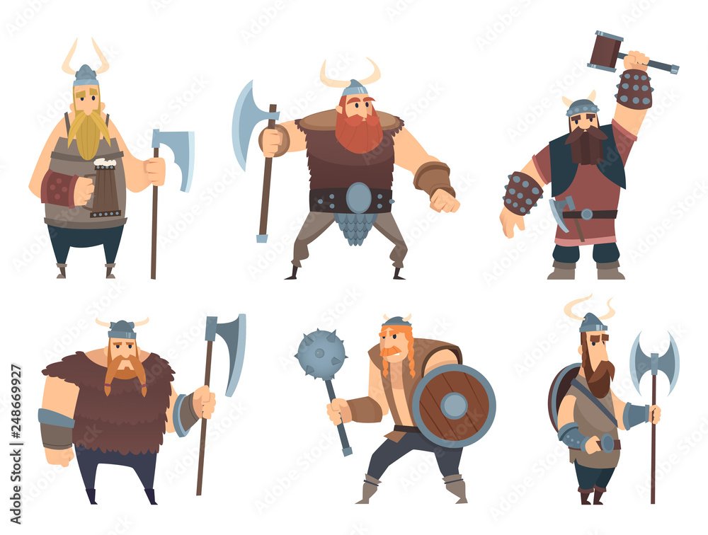 Viking characters. Medieval norwegian warriors military people vector ...