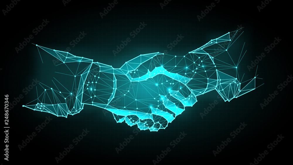 Abstract virtual Hand shake the circle interface on green cyberspace ...