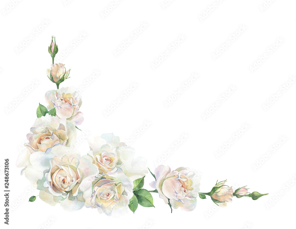 Corner of pink and white roses on a white background. For ...