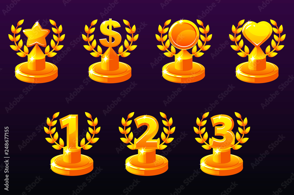 Trophies different variation. 1st, 2nd, 3rd place. Laurel wreath of ...