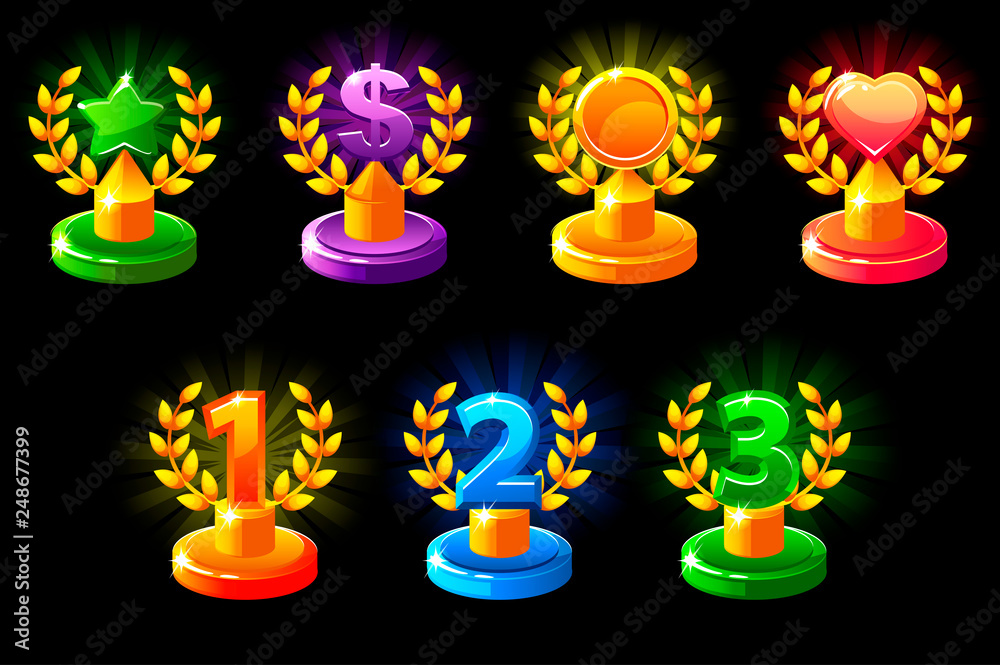 Trophies different colored. 1st, 2nd, 3rd place. Laurel wreath of ...