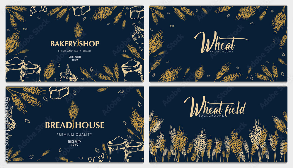 Set of Bakery backgrounds with wheats. Linear graphic. Bread banner ...