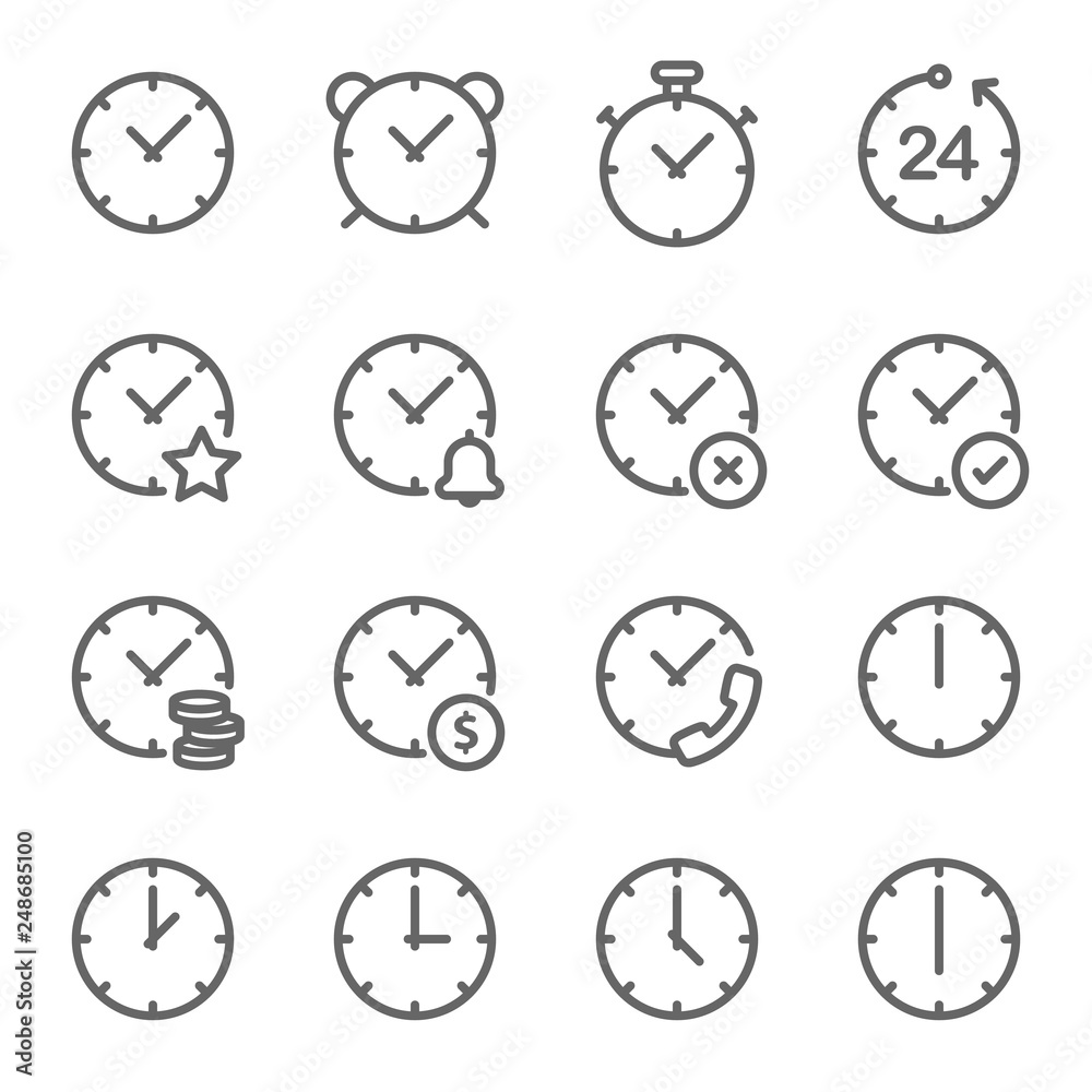 Time Vector Line Icon Set. Contains such Icons as Alarm, Timer, Clock ...