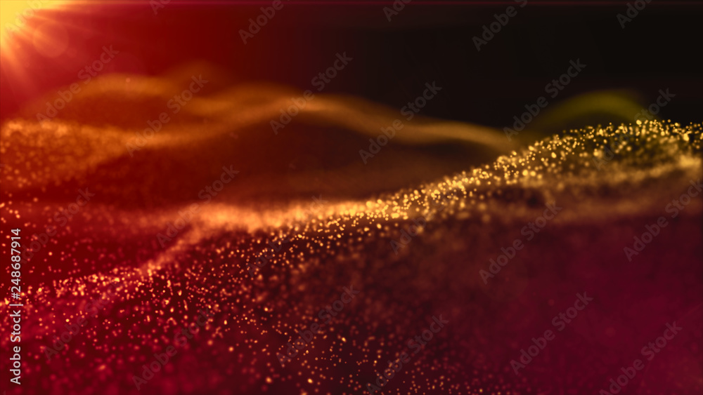Golden yellow shiny Particles form line and surface grid. 3d rendering ...